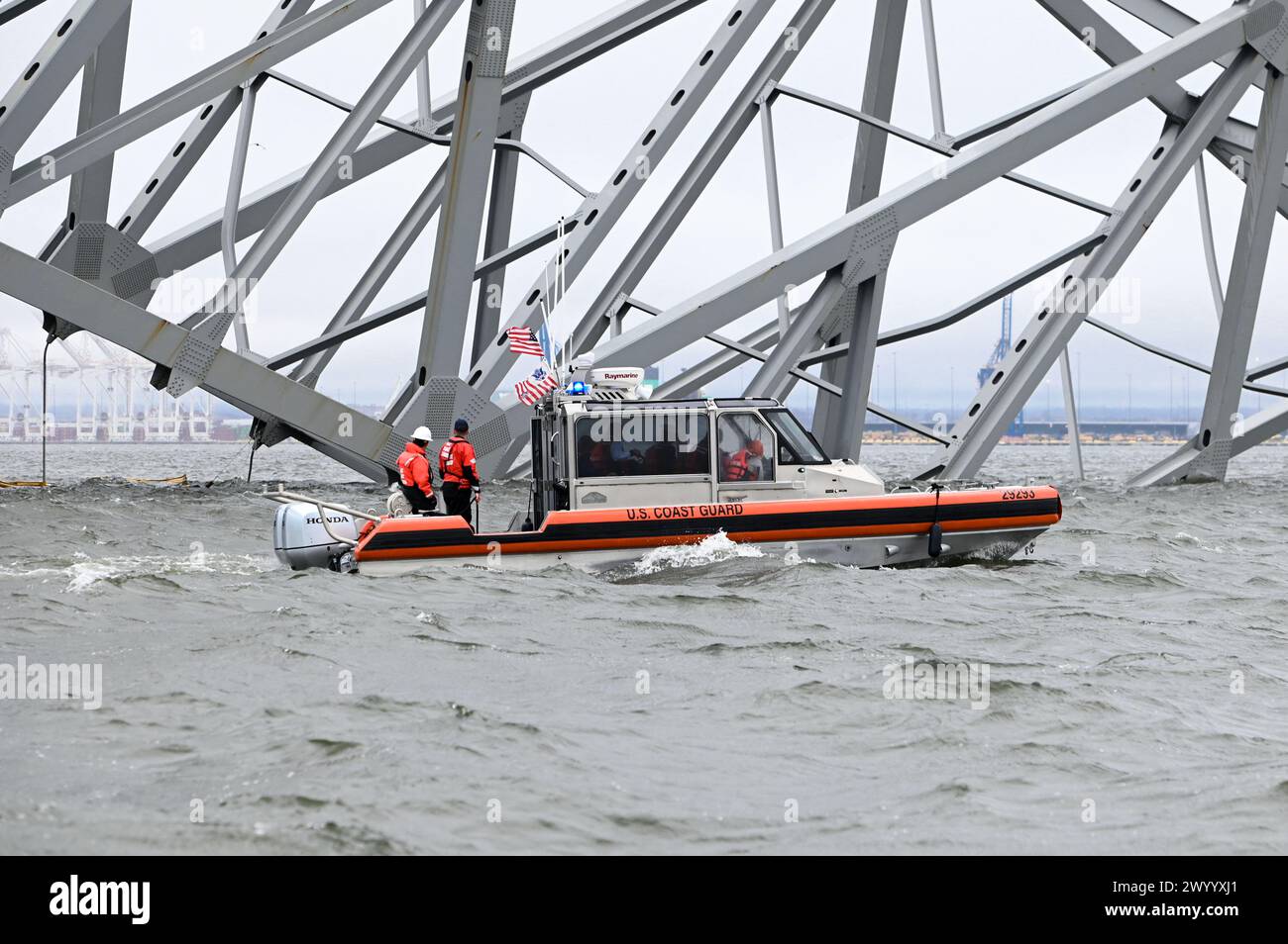 U.S. Coast Guard response boat crews enforce a safety zone, April 2 ...