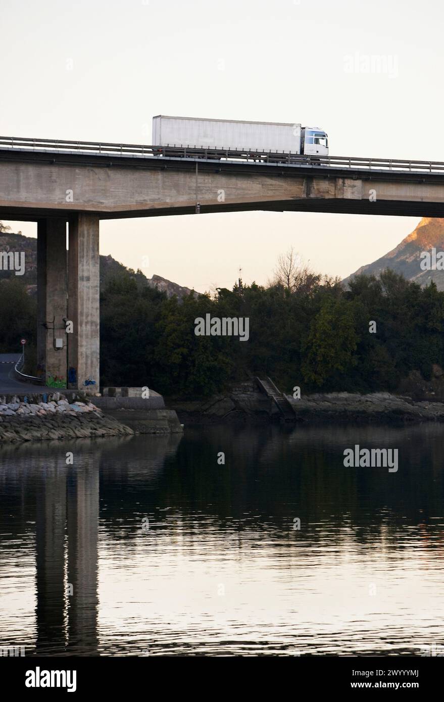Truck, A8 freeway, bridge over Oria river mouth, Orio, Gipuzkoa, Basque ...