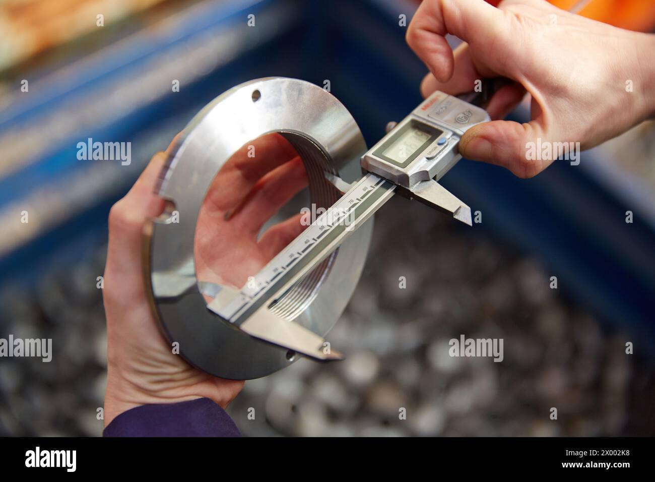 Worker Measuring With Caliper Area Automated Cnc Lathes Machined Indecober Machining Of