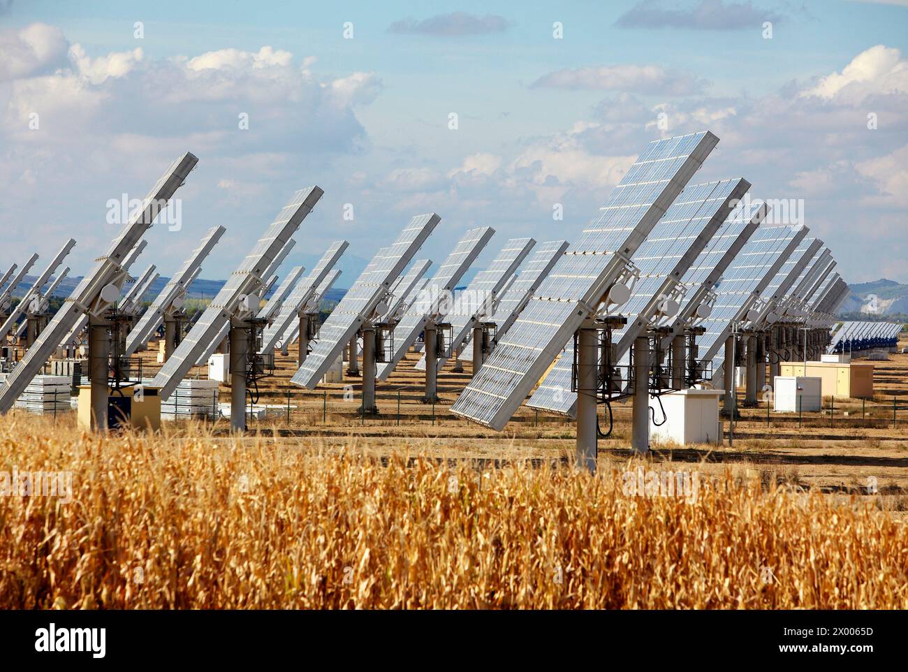 Corn field, solar panels, photovoltaics, solar power plant, Villafranca ...