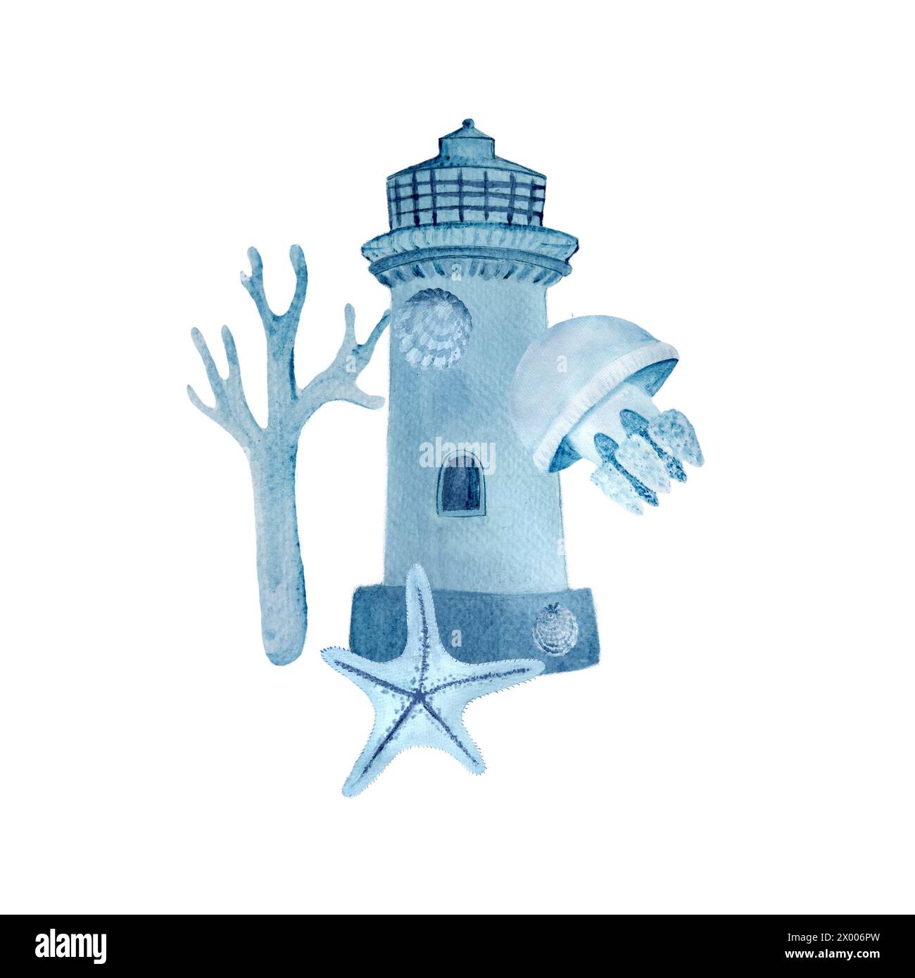 Watercolor monochromatic lighthouse, starfish and a jellyfish ...