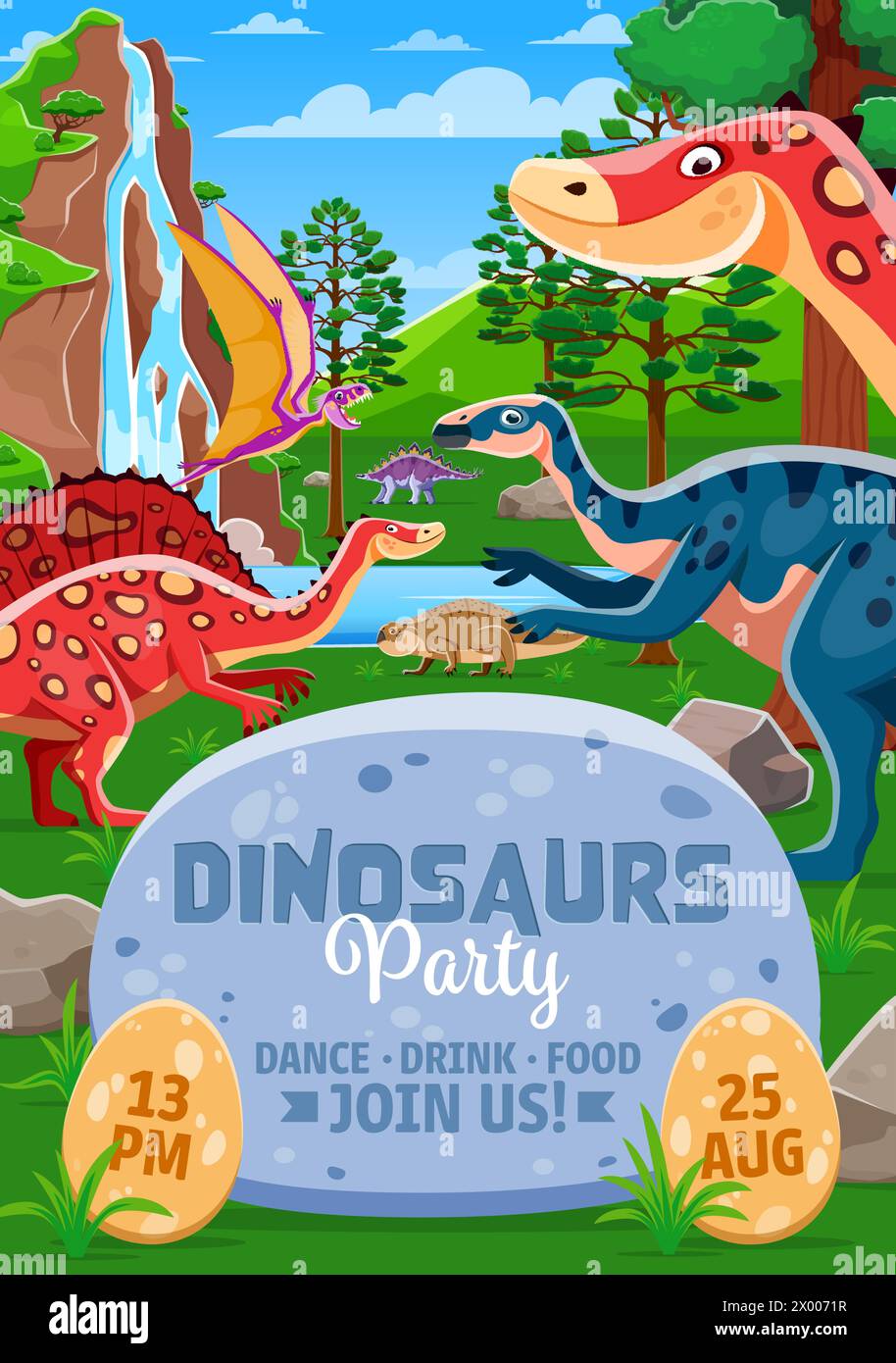 Dino party flyer, cartoon dinosaur characters in tropical jungle forest ...