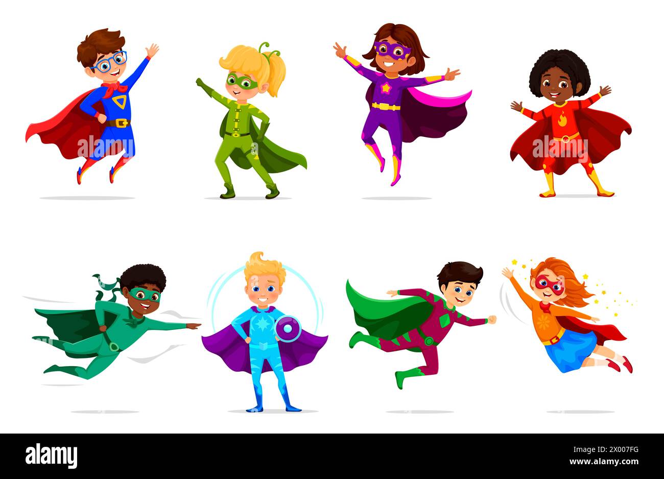Cartoon kids superhero characters, boys and girls in super hero ...