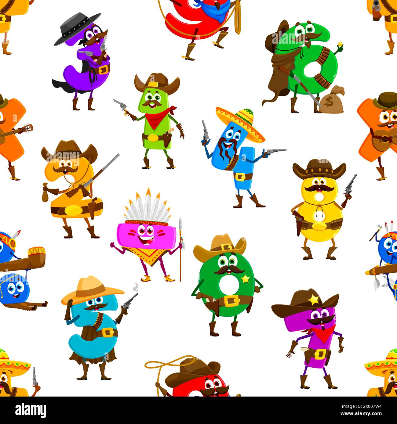 Cowboy and sheriff, indian and robber math number characters seamless ...