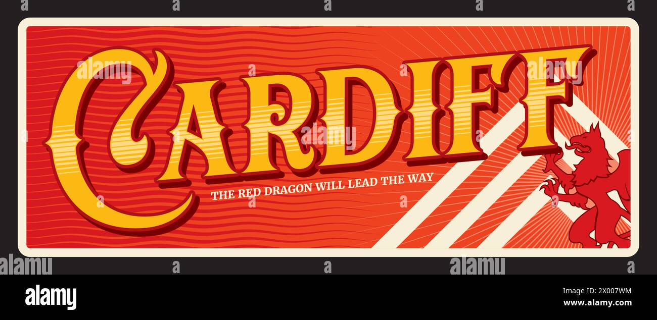 Cardiff capital city of Wales in UK. Vector travel plate or sticker ...