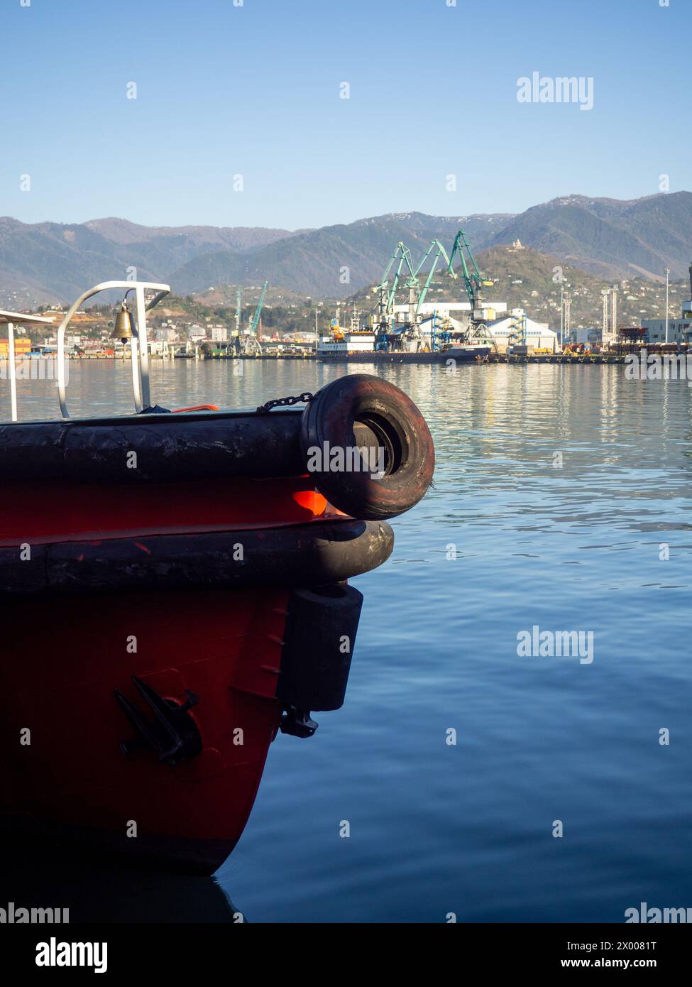 A car tire on the bow of a ship. The ship's shock absorber. Safety ...