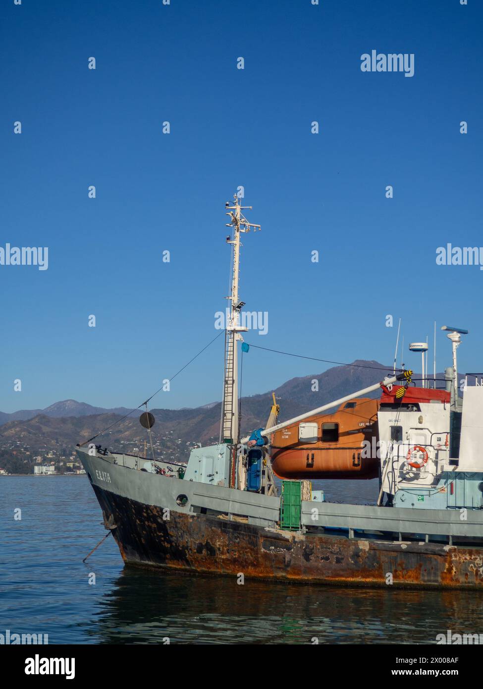 Old research ship in the port. Rusted schooner. Black Sea port Stock ...