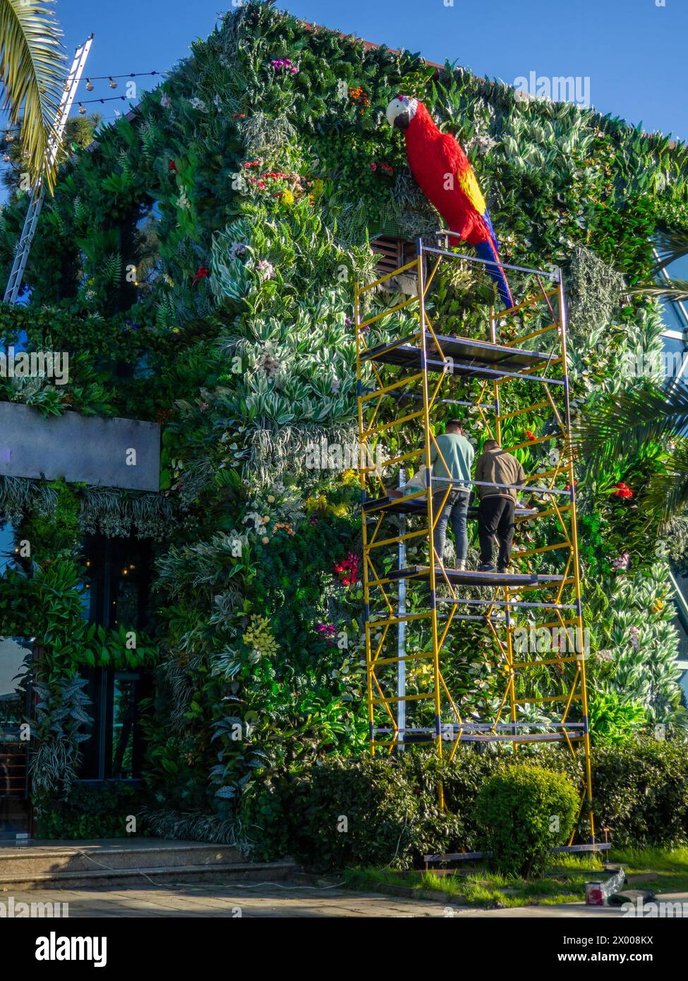 facade of the building is decorated with artificial birds. Parrots made ...
