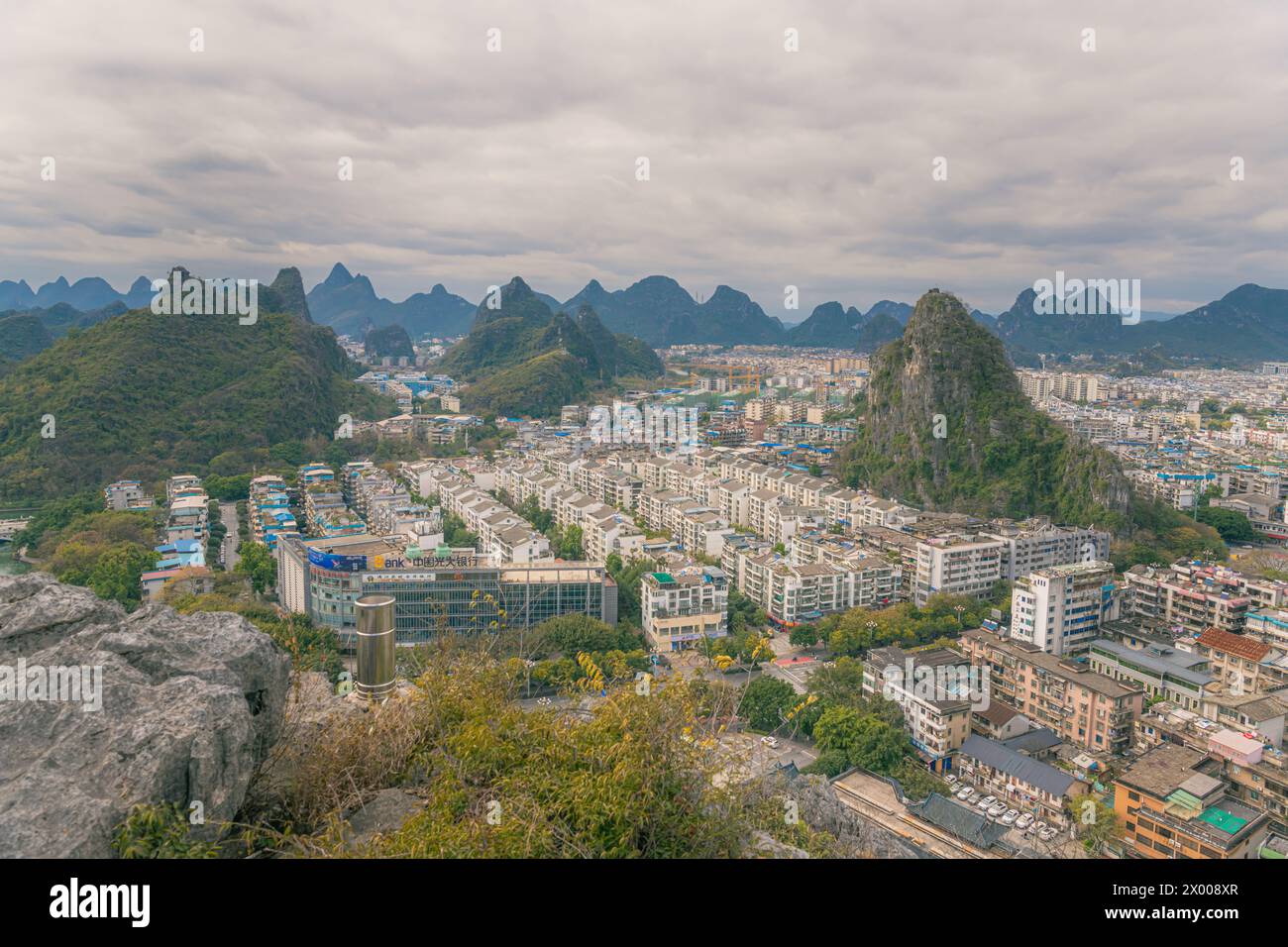 aerial view of Guilin town with sunset glow ,beautiful karst mountain ...