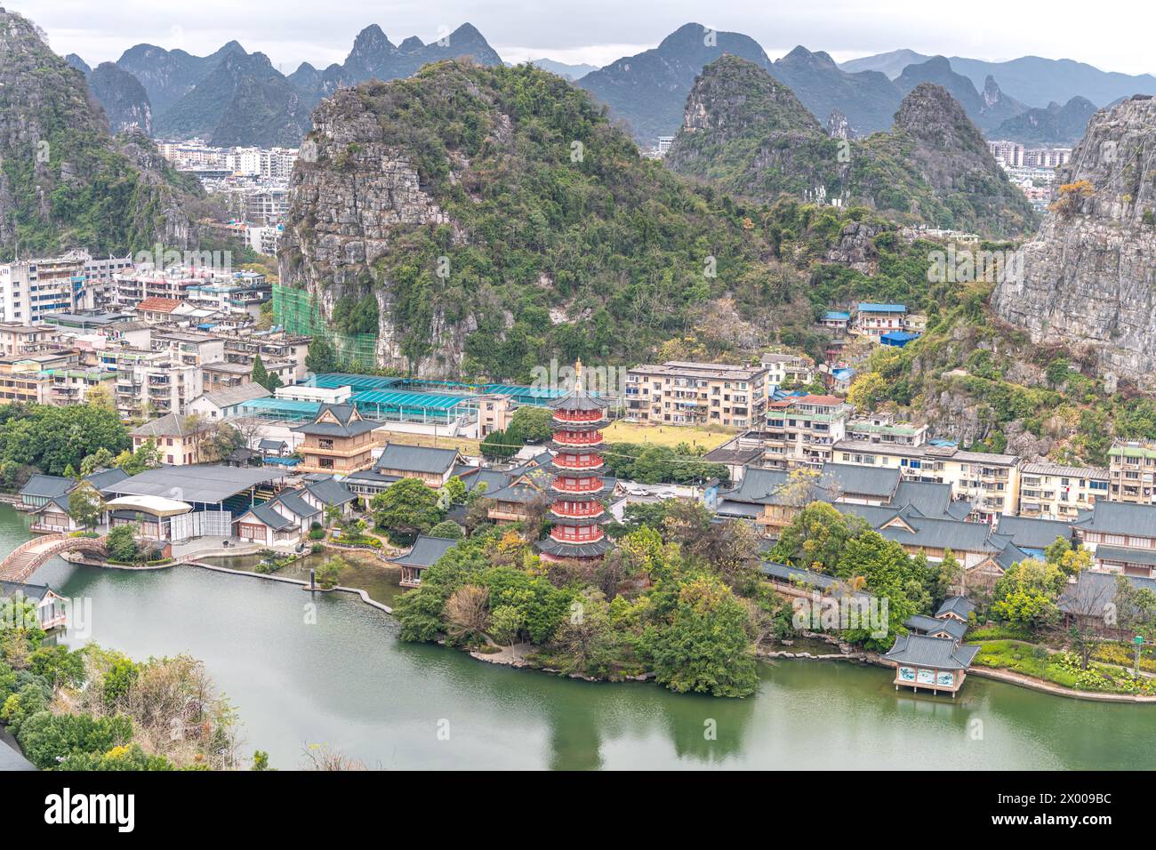 Scenic view of Mulong lake and Guilin city from top of Diecai Mountain ...
