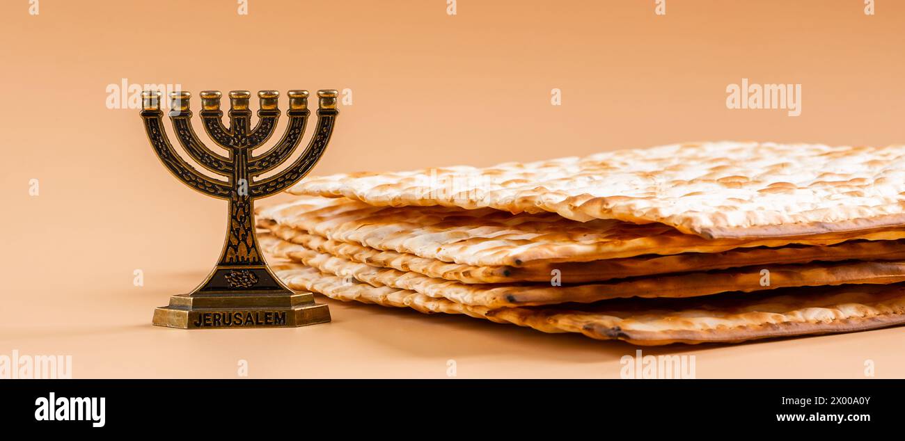 Happy Passover. Traditional Jewish menorah candlestick and matzo bread ...