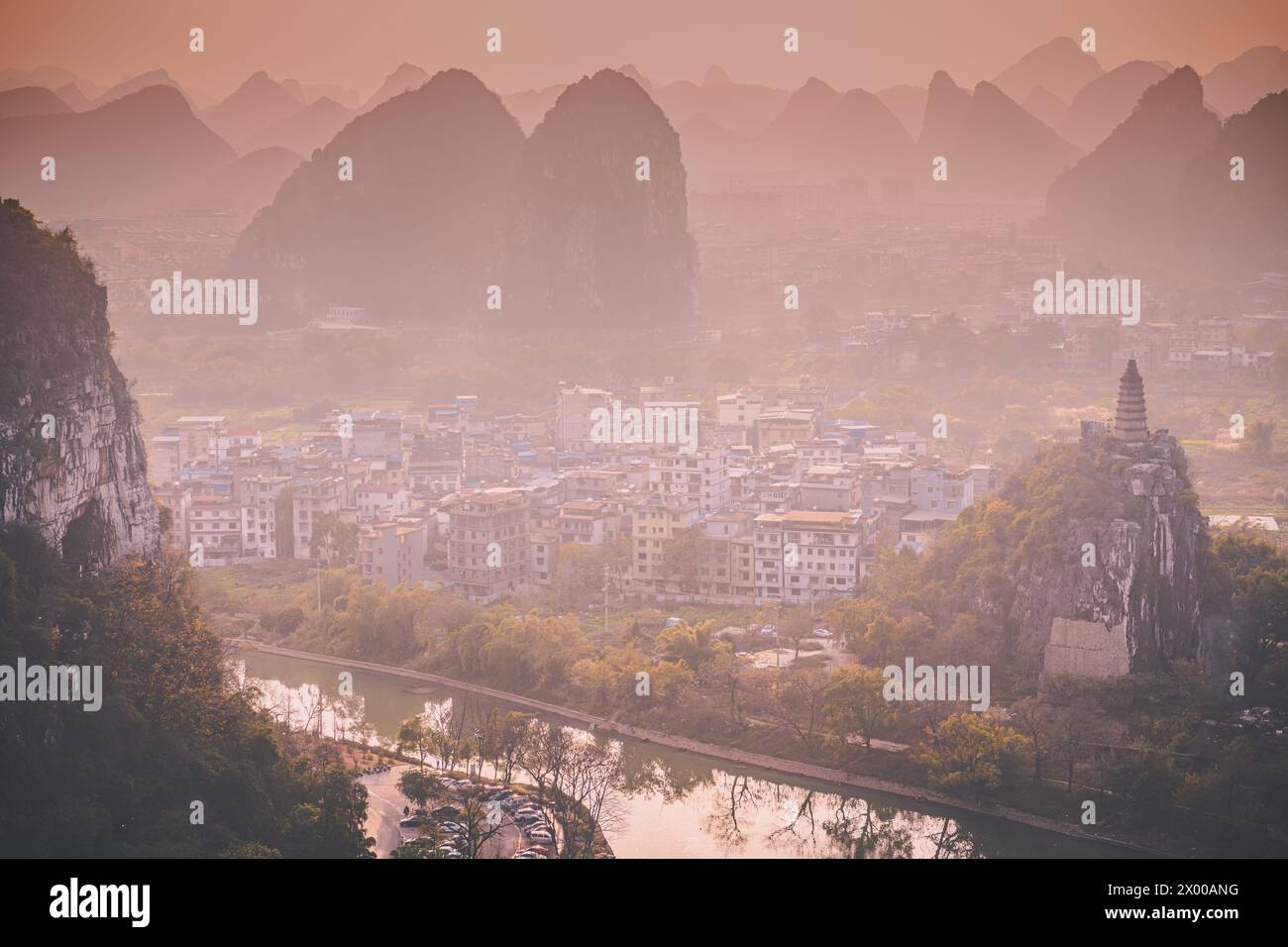 Aerial view of Lijiang River Scenic Area in Guilin, China. It is a ...