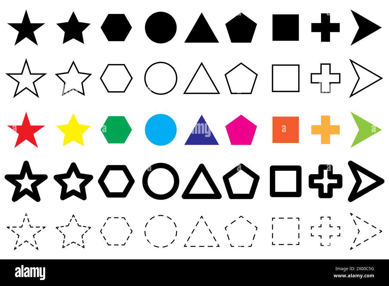 Colorful basic shapes set. Filled and outlined icons. Directional ...