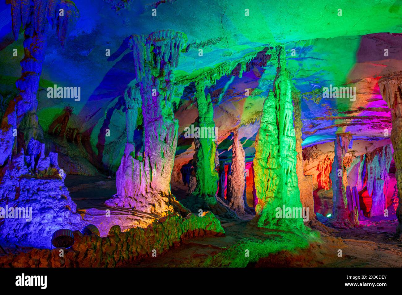 The Silver Cave, natural limestone cave with multicolored lighting in ...