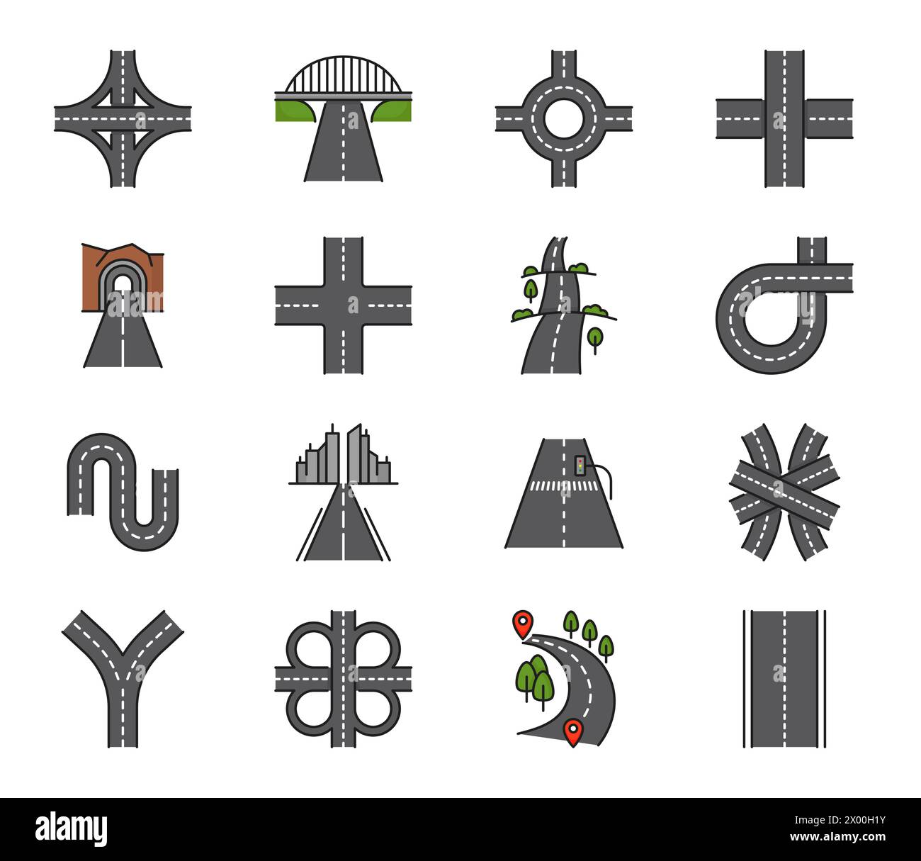 Color highway road line icons. Traffic, crossroad and tunnel route. Driveway, freeway line ...