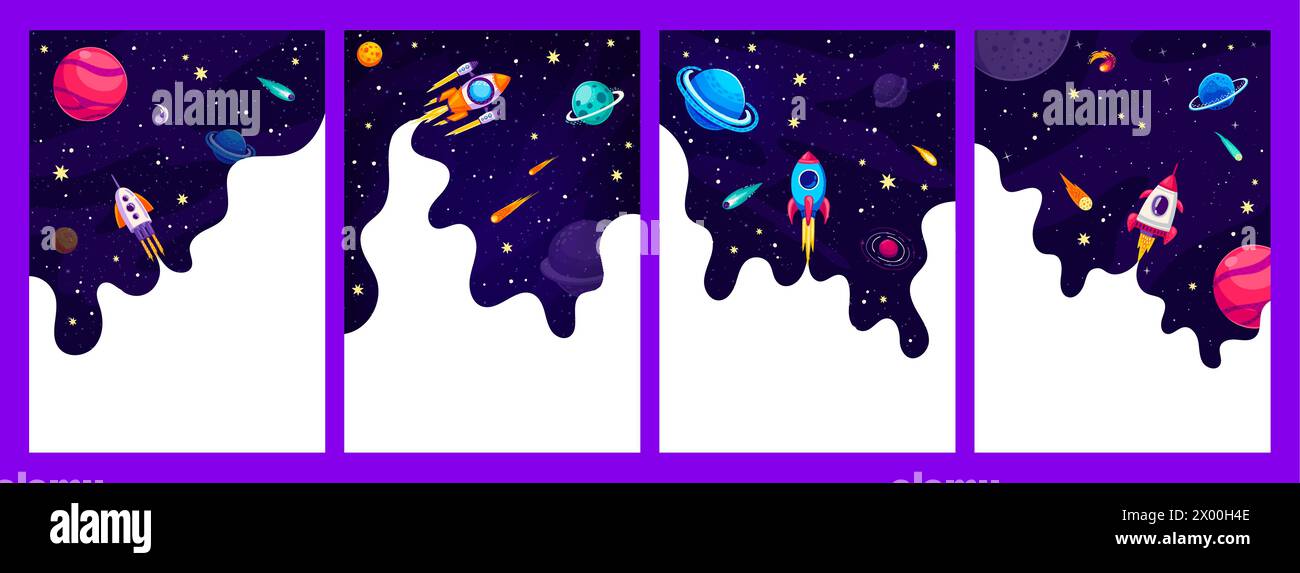 Galaxy space posters, borders or frames with rocket launch in galaxy ...