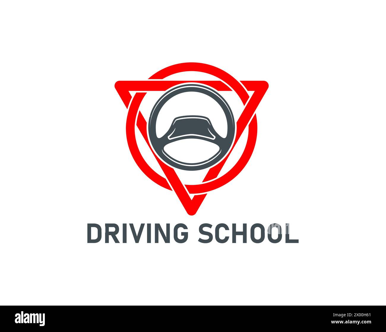 Driving school icon of car steering wheel and road signs, vector symbol ...