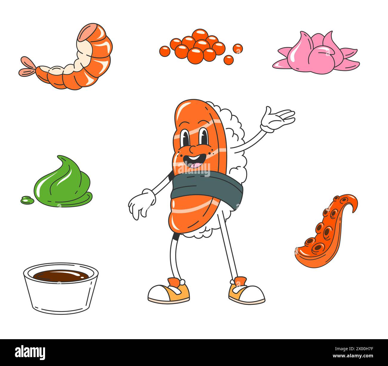 Cartoon Japanese groovy sushi character with vibrant salmon fish slice ...