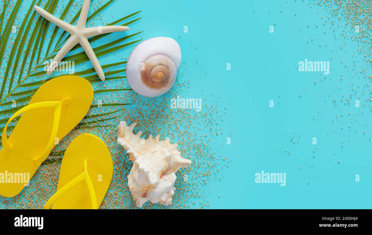 Flat lay background with seashells and sandal shoes on the beach. 3d ...