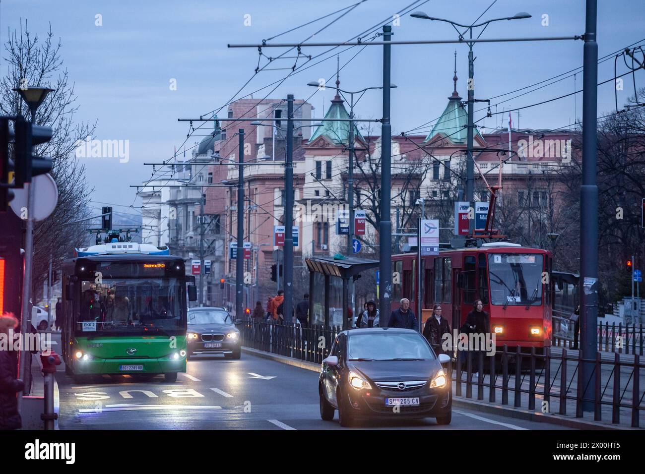 Picture of an electric bus of GSP Beograd standing next to a tram at ...