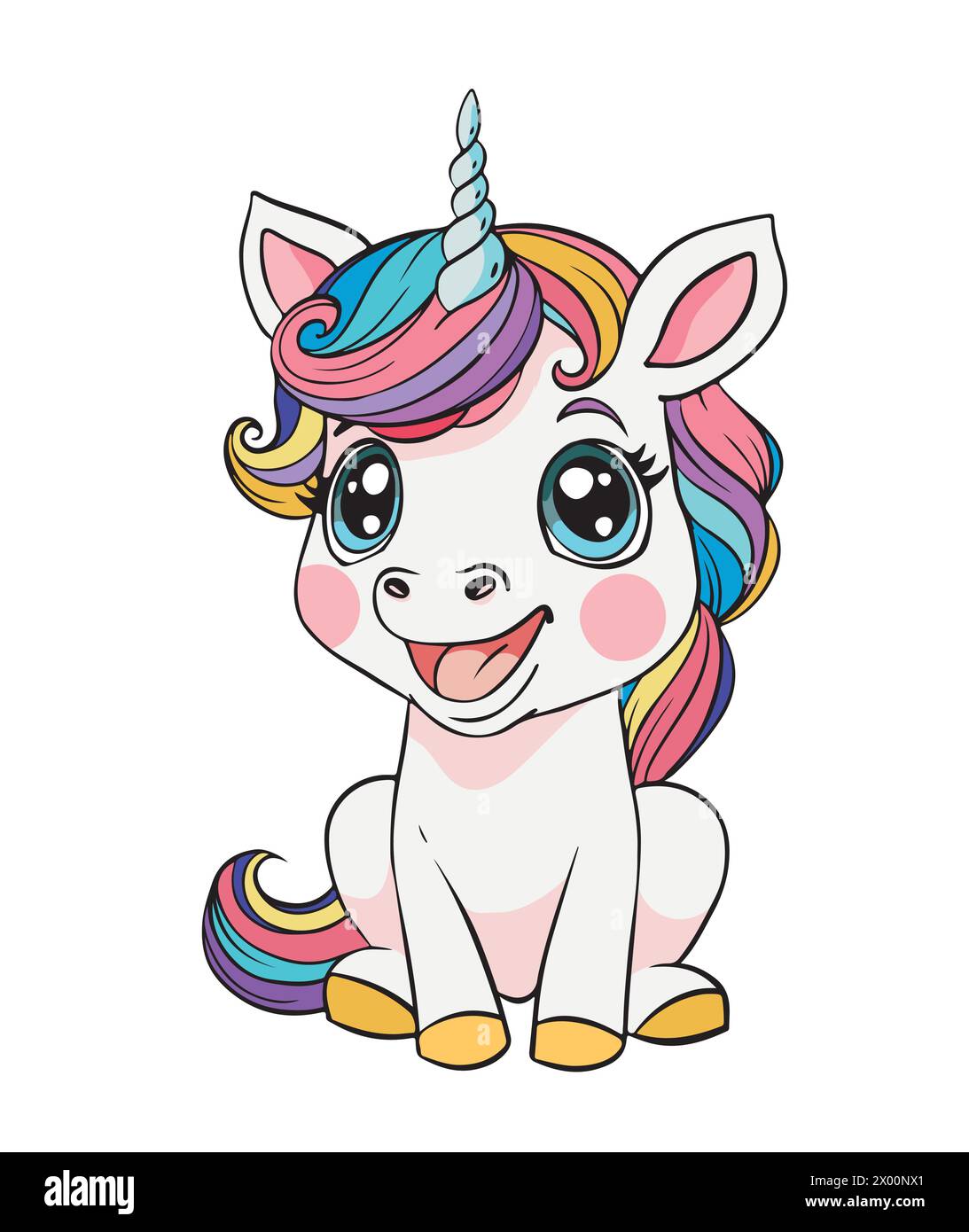 Cute sitting smiling baby unicorn with colorful mane and tail, fantasy ...