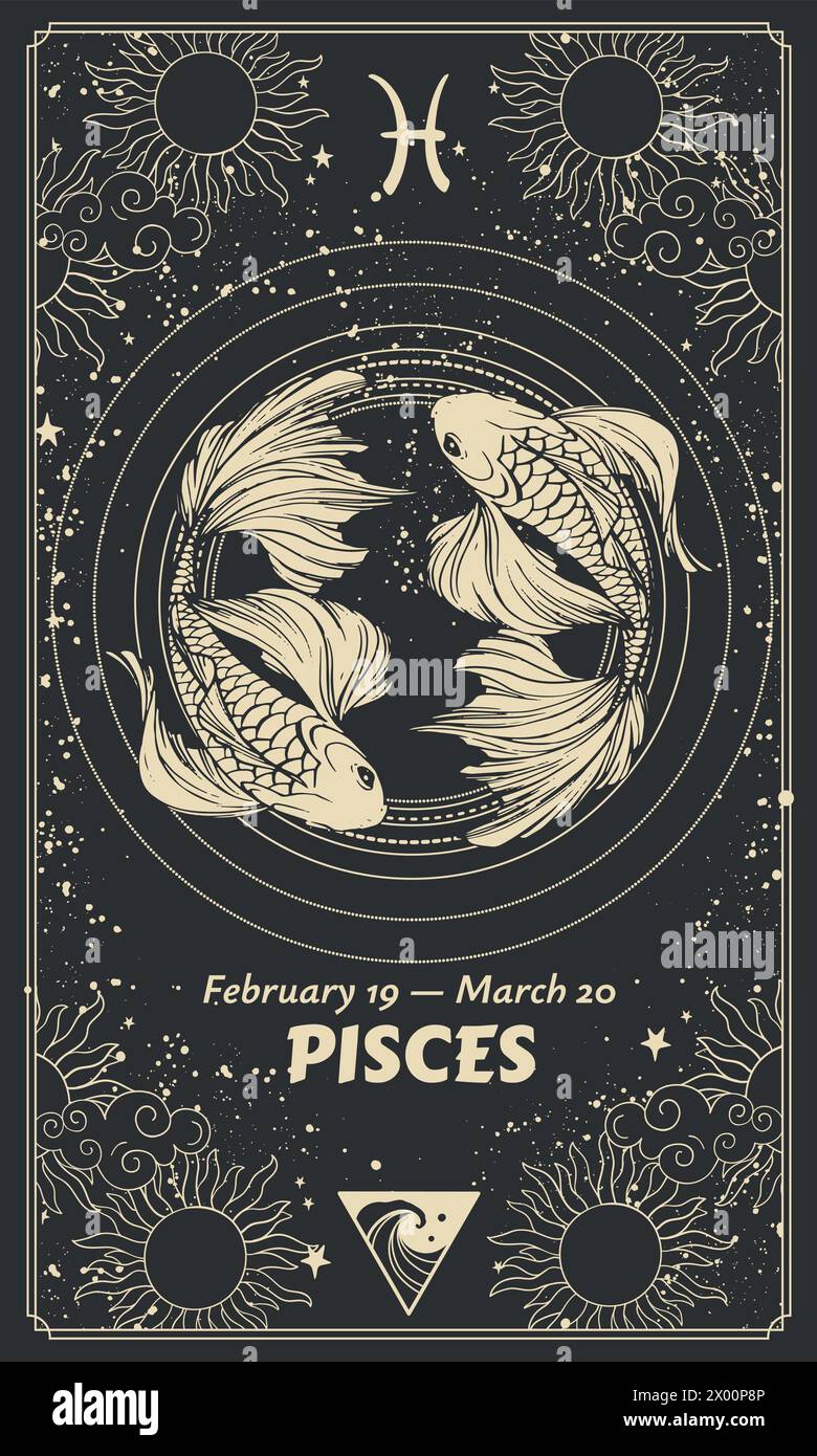 Pisces zodiac sign, vintage hand drawing, graphic modern astrology card ...