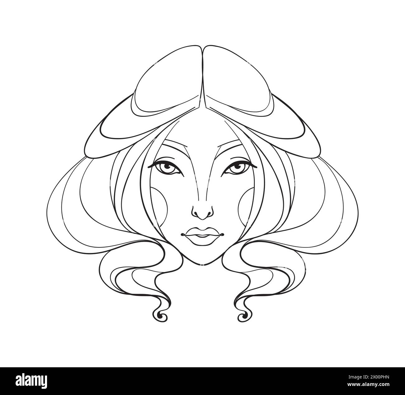 Beautiful female portrait icon, young woman s face, hand linear drawing ...