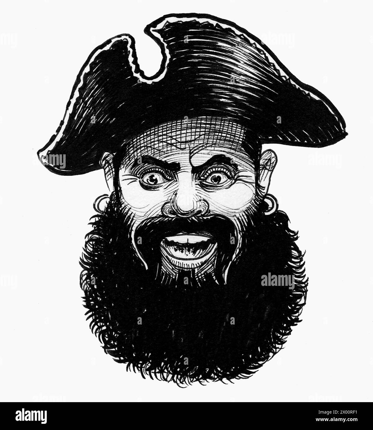 Pirate captain character. Hand drawn retro styled black and white ...