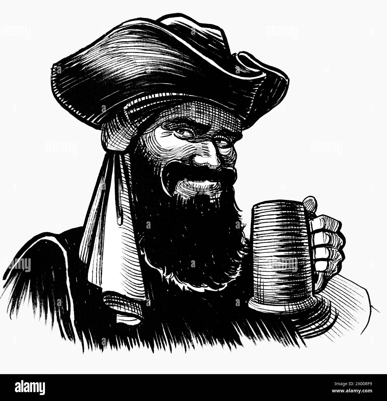 Pirate drinking a mug of coffee. Hand drawn black and white ...