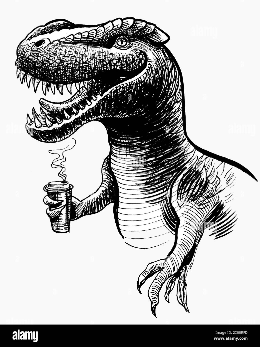 Tyrannosaurus Rex drinking a cup of coffee. Hand drawn retro styled ...