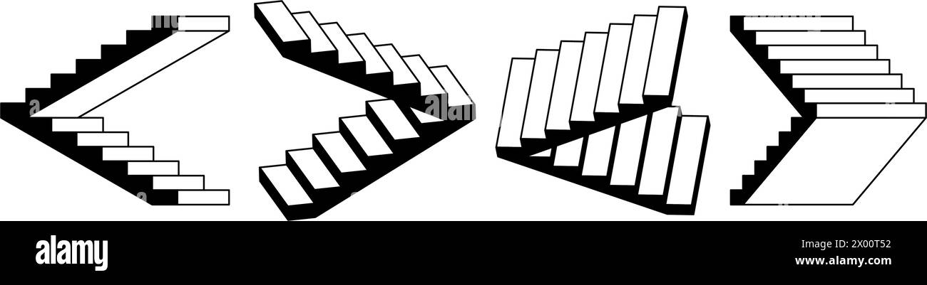 Impossible linear stairway set. Surreal 3d staircase. Black and white ...