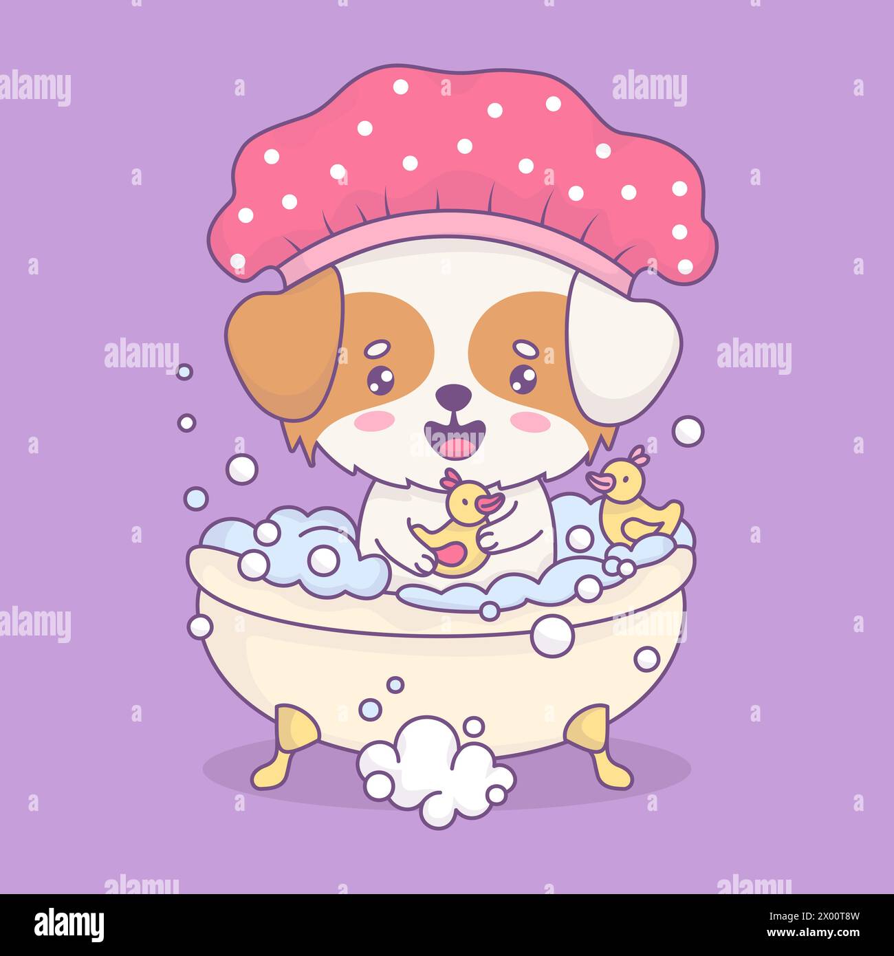 Funny dog wearing pink shower cap bathes in bath with foam and rubber ...