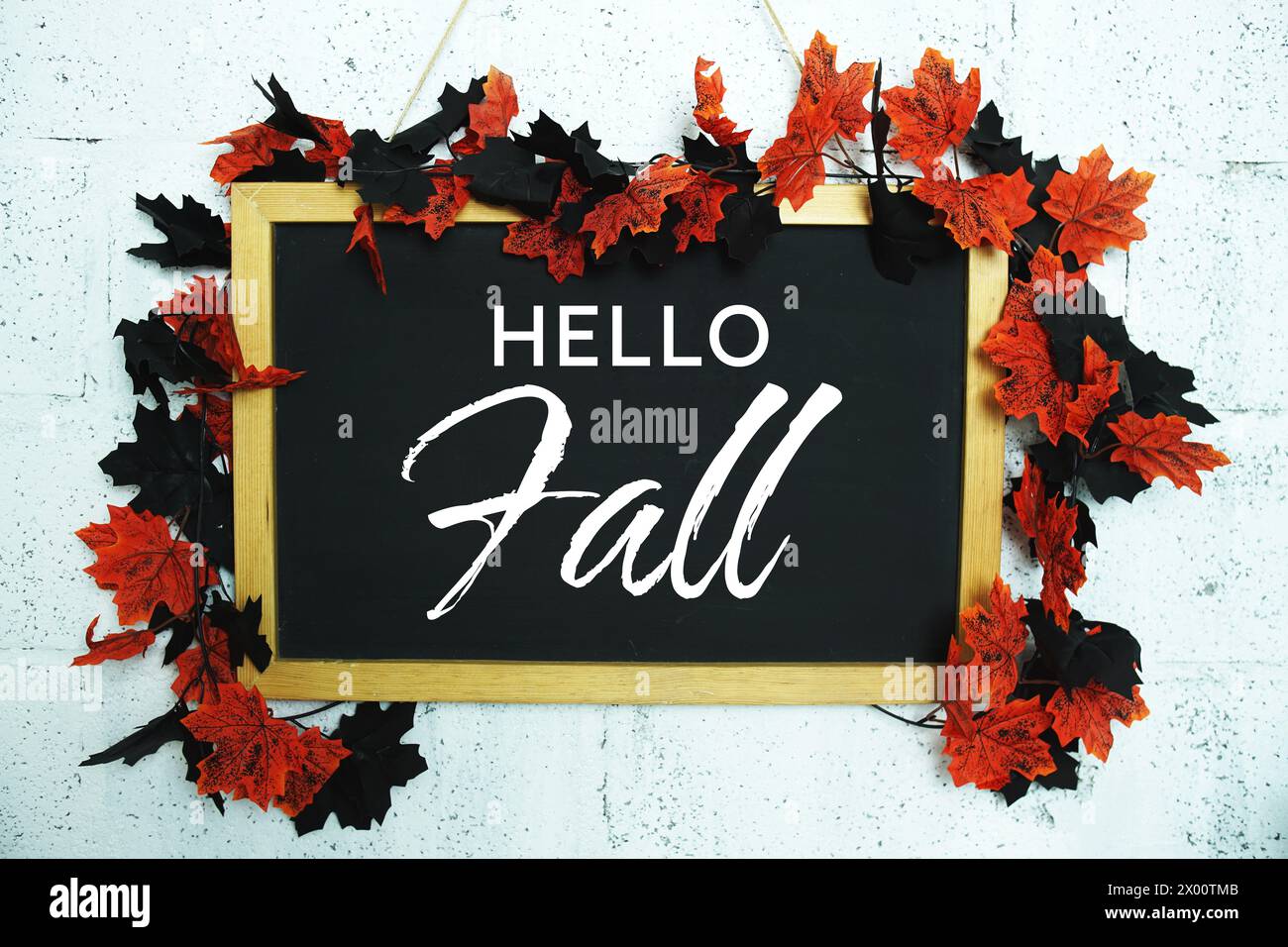 Hello Fall text message on Blackboard decoration with maple leaves ...