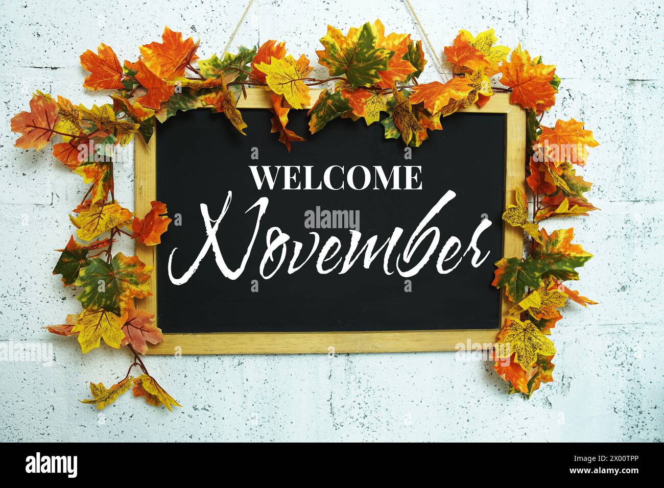 Welcome November text message on chalkboard with maple leaf decoration ...