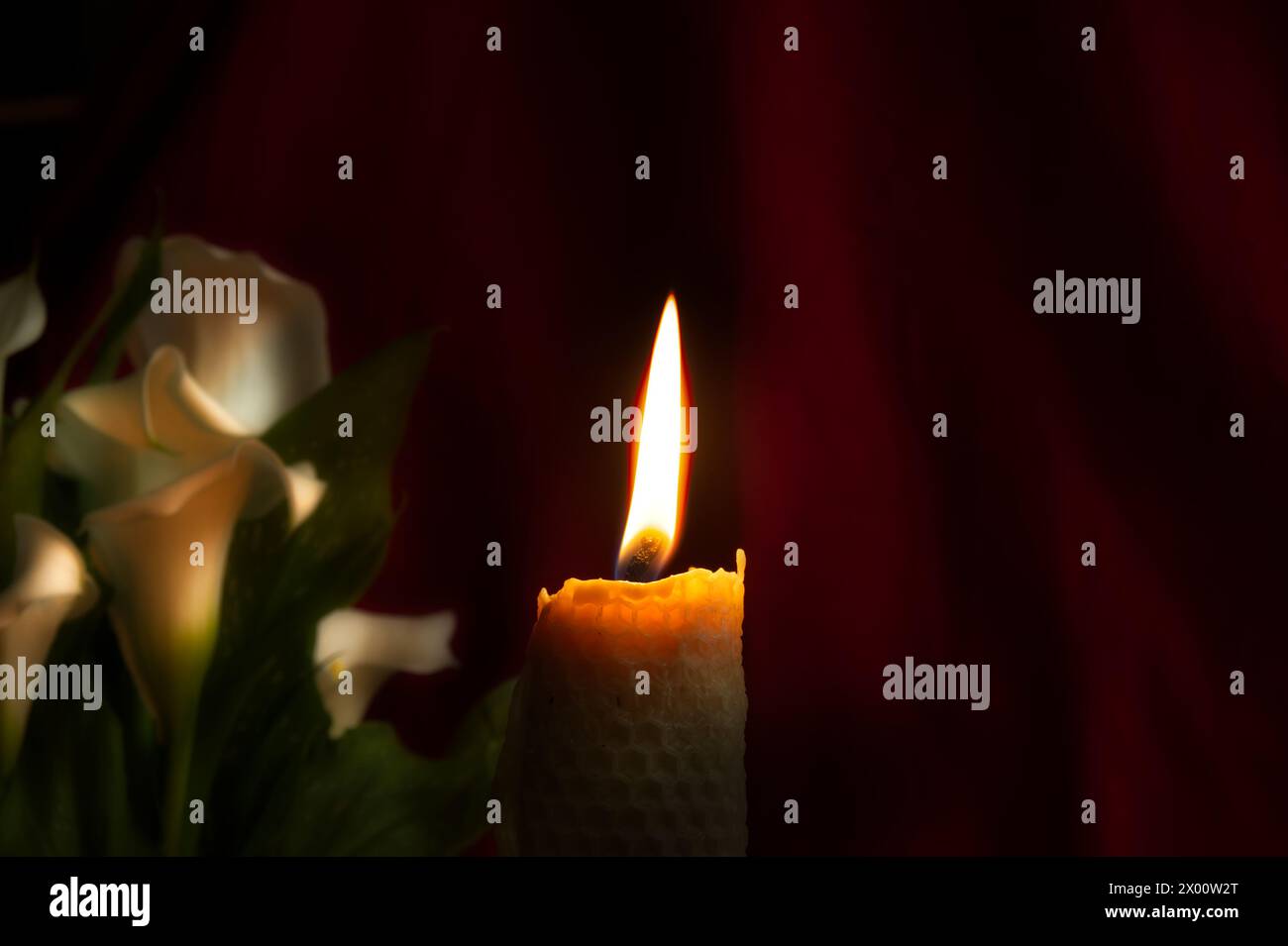 Wax candle with a yellow flame, centrally positioned, burning in a dark ...