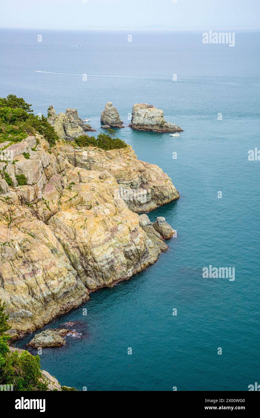 Beautiful aerial view of cliff and blue ocean, Oedo-Botania island ...