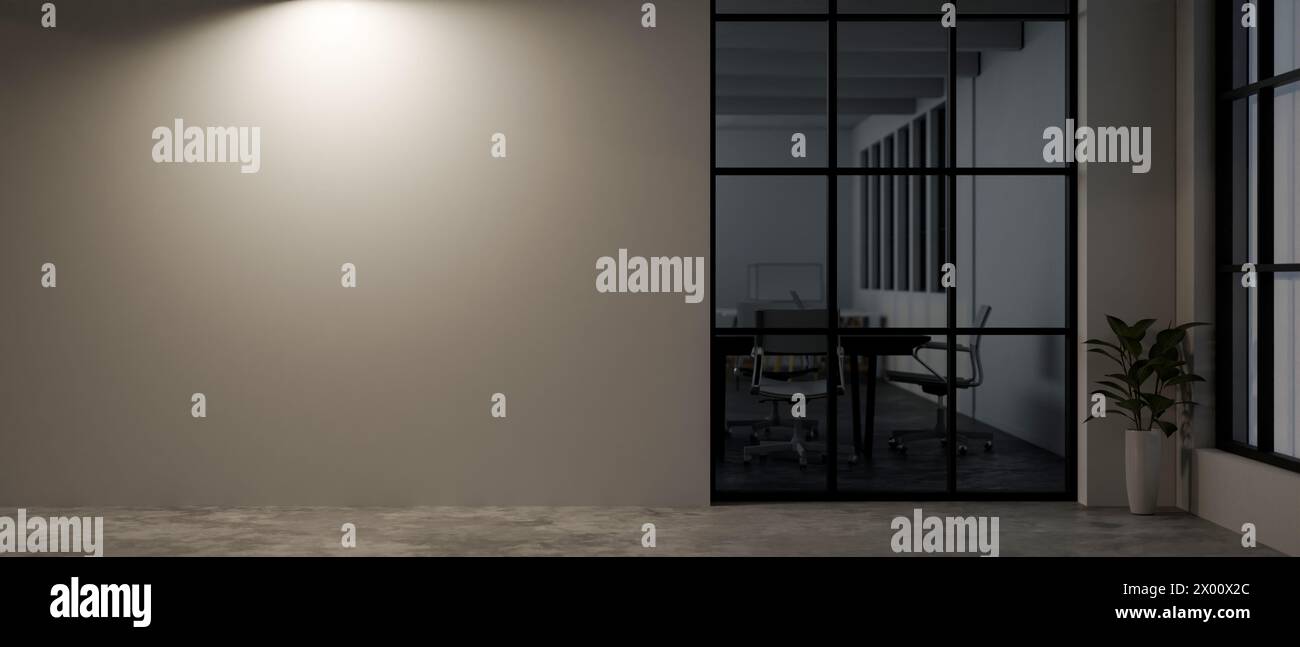 The interior design of a contemporary office corridor at night with a ...