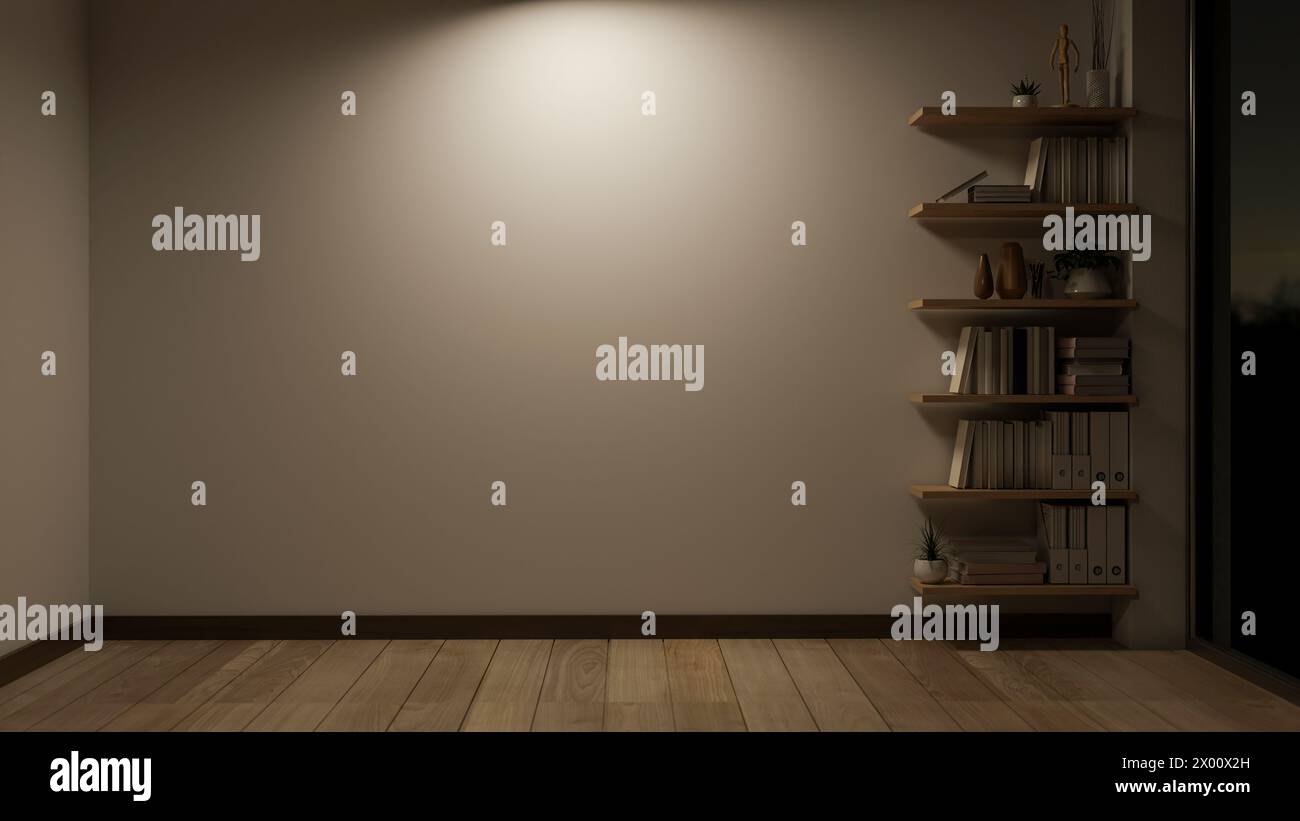 The interior design of an empty room at night with a bookshelf, a dim ...