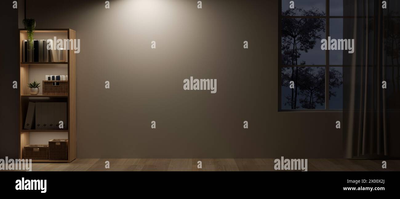 The interior design of an empty room at night with a bookshelf, a ...