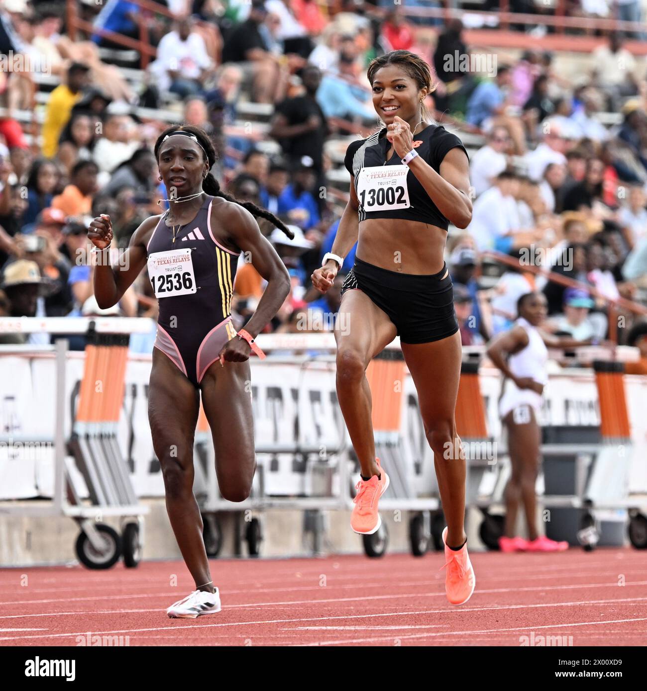 Gabby Thomas celebrates 100m victory during the Clyde LittleField Texas ...