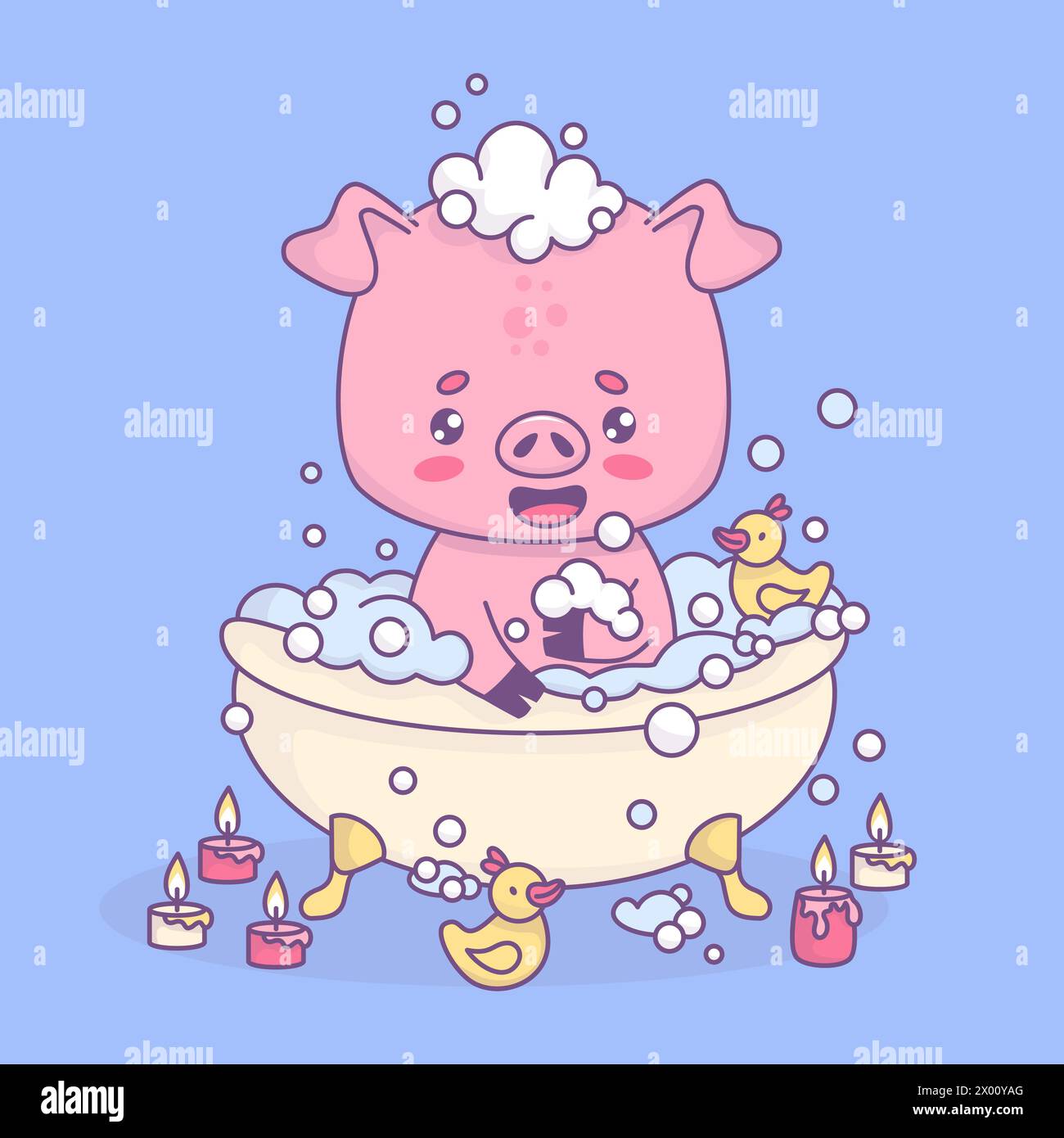 Funny smiling pig bathes in bath with foam and rubber duck toys. Cute cartoon kawaii animal ...