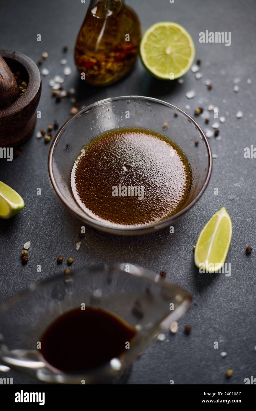teriyaki say sauce and olive oil marinade in a glass bowl Stock Photo ...