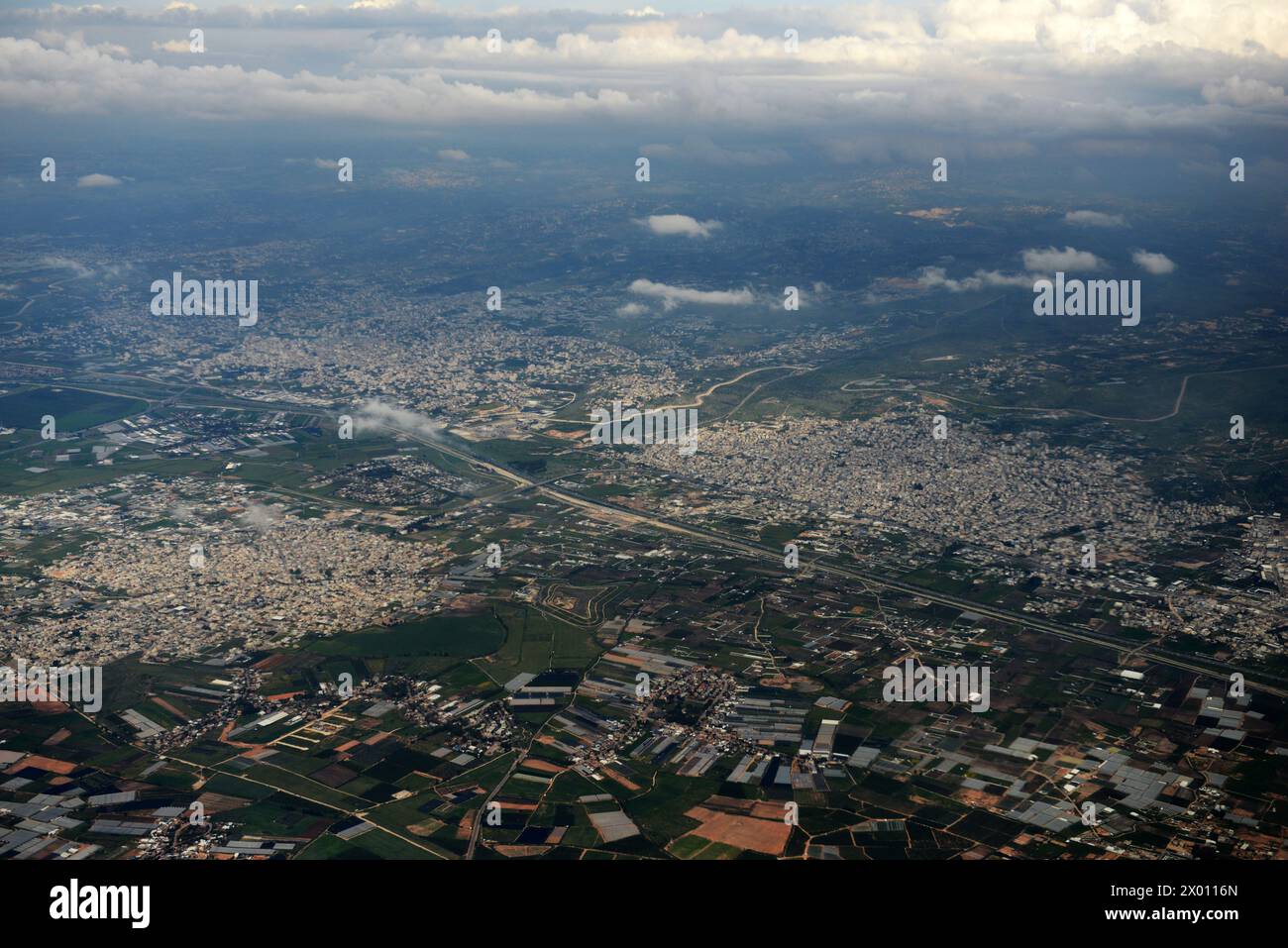 Aerial view of the 'Triangle' - Qalansawe, Tira and Tayibe in Israel ...