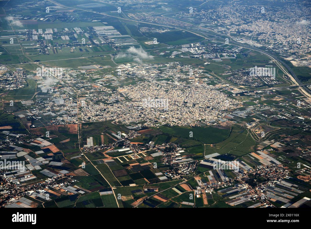 Aerial view of Tayibe , Highway 6 and Tulkarem in Israel and Palestine ...