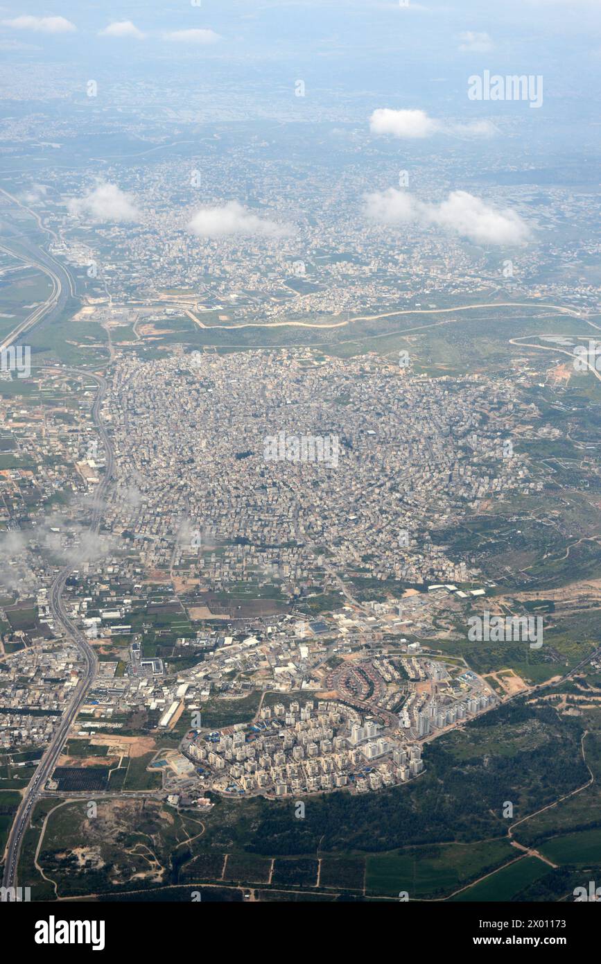 Aerial view of the Israeli Arab city of Tayibe and the Palestinian city ...