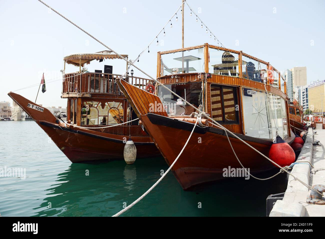 Tourist dhow boats docked by the corniche of Deira, Dubai, UAE Stock ...