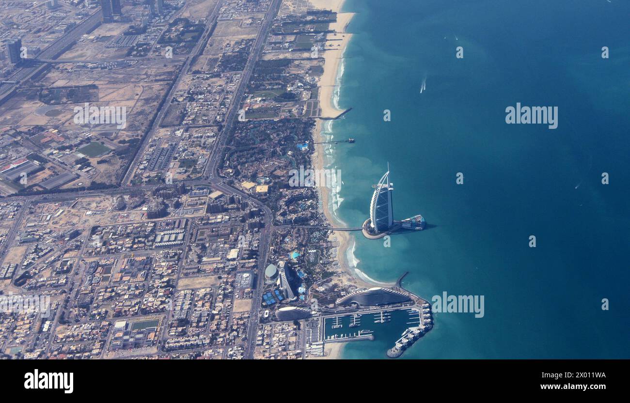 Aerial view of the Burj Al Arab and the D-Marin Marsa Al Arab Marina in ...