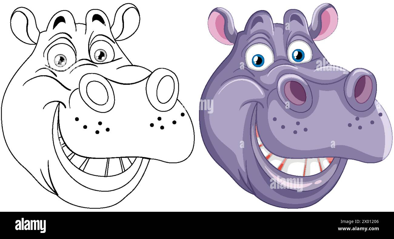 Vector illustration of a hippopotamus, colored and line art Stock ...