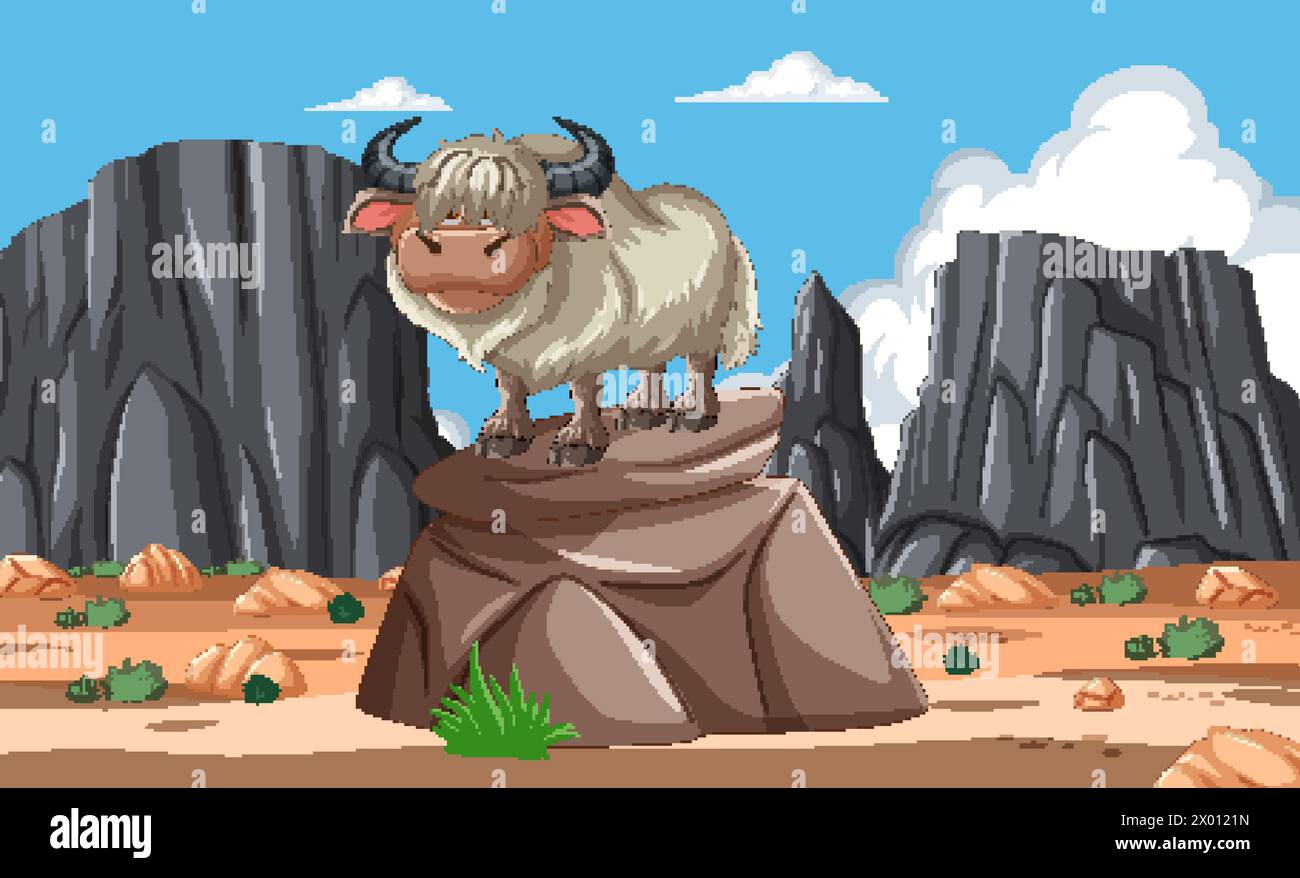 Cartoon yak standing atop a stone in wilderness Stock Vector Image ...
