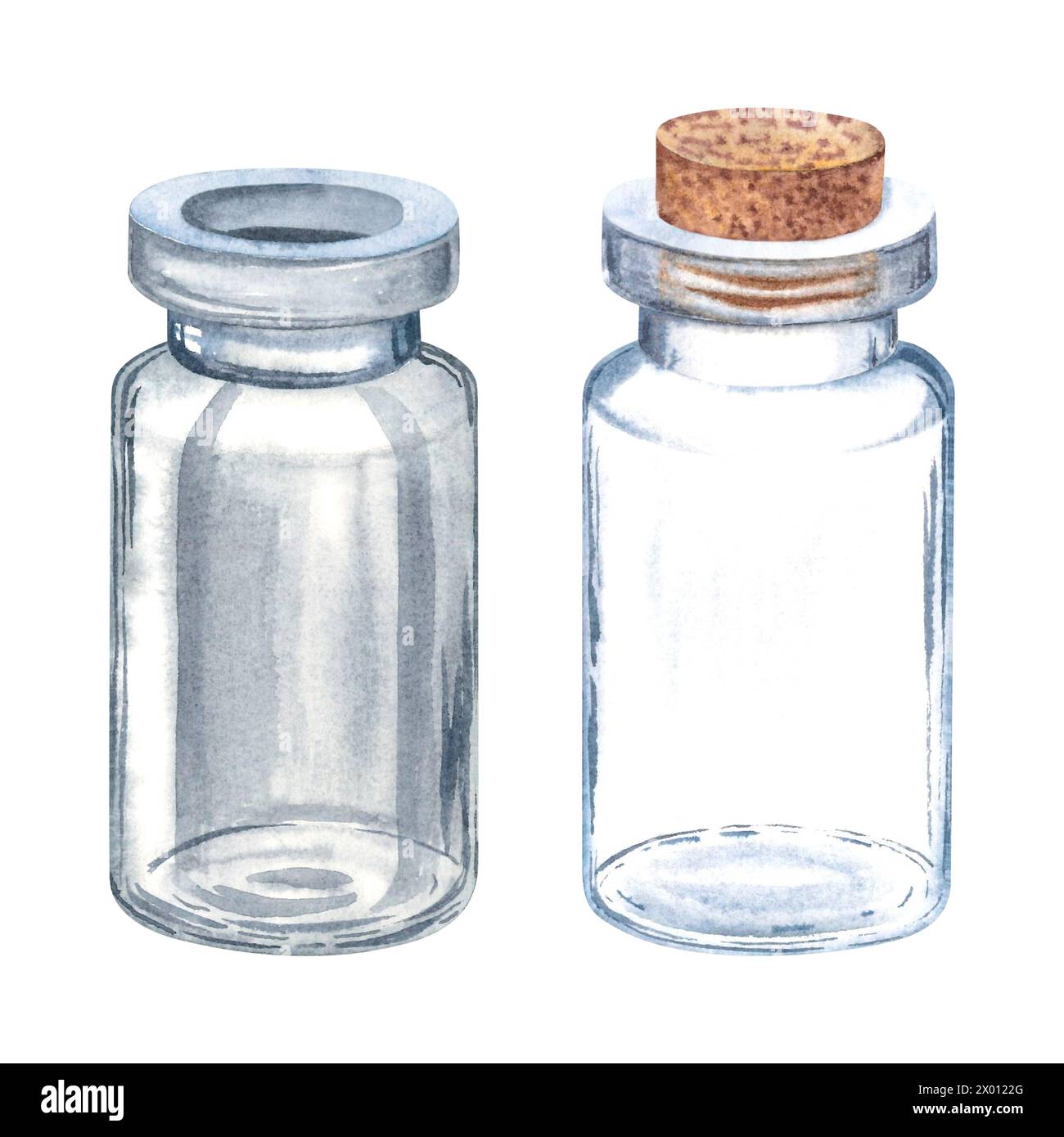 Two miniature clear glass empty bottles with wooden stopper. Hand drawn ...